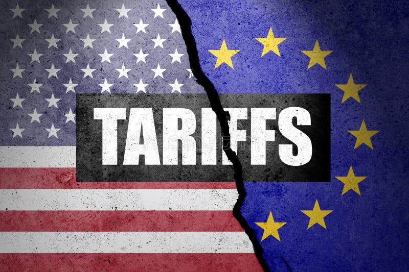 USA and EU Flags Painted on the Concrete Wall with Word TARIFFS. Duty ...
