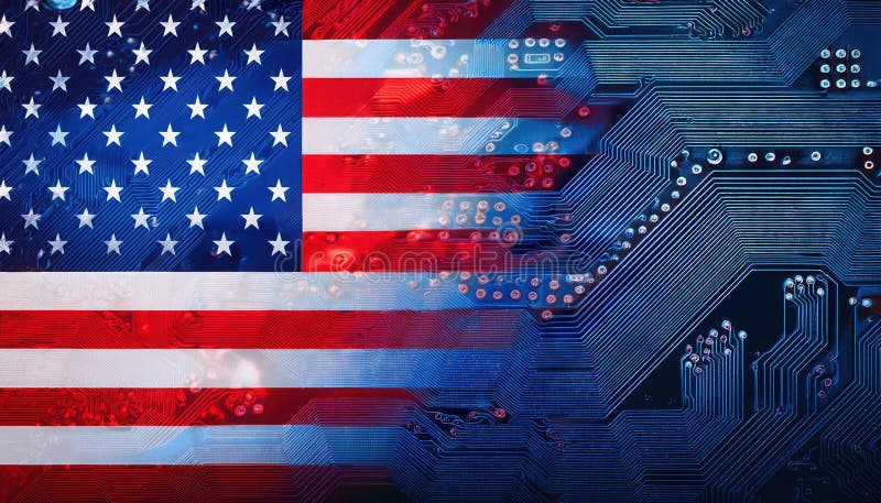 USA Flag Blended with Digital Circuit Board Design, Symbolizing ...