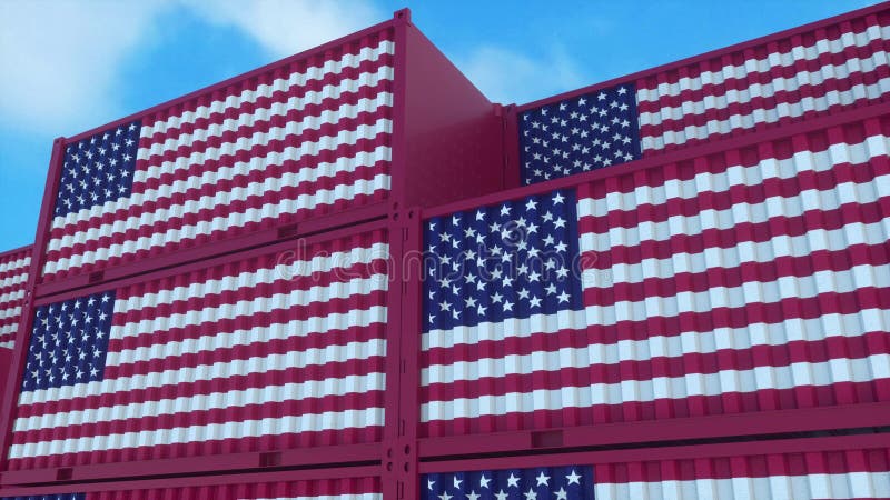 USA Flag Containers are Located at the Container Terminal. American Export or Import Concept ...