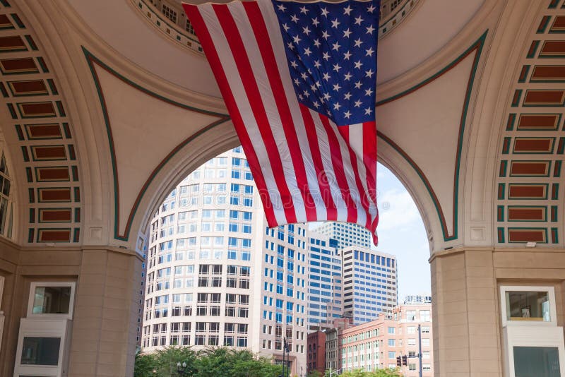 USA Flag in the Financial District of Boston - USA Stock Photo - Image ...