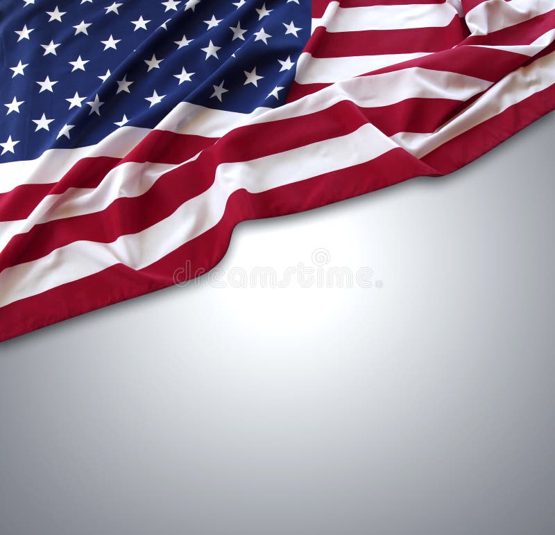 The Flag of the US on Grey Wooden Desk and Copy Space. Stock Photo ...