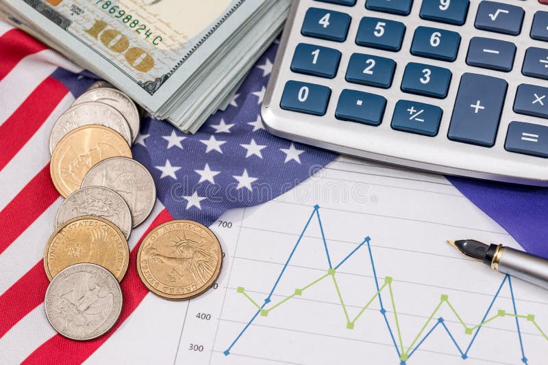 Usa Flag and Money with Graph, Pen and Calculator Stock Photo - Image ...