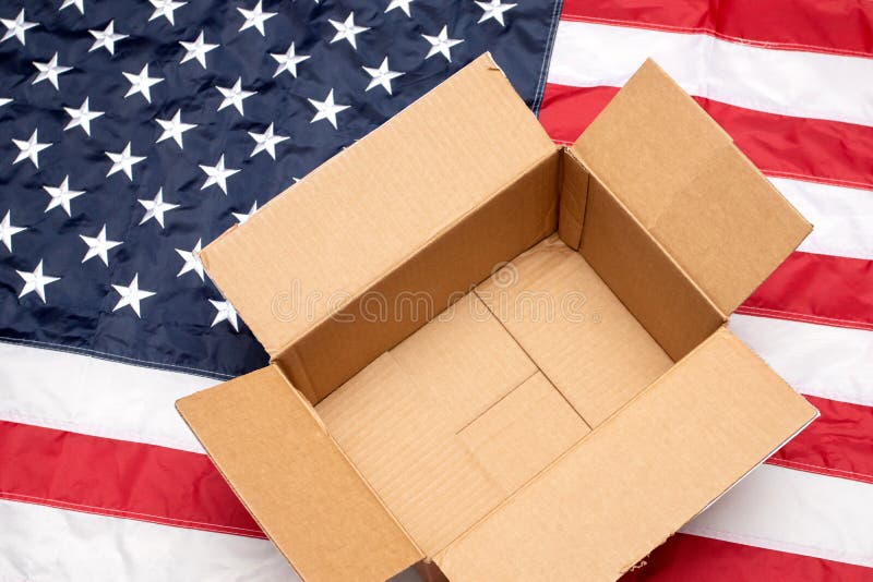 USA Flag with Open Shipping Box. Delivery from the USA Stock Photo ...