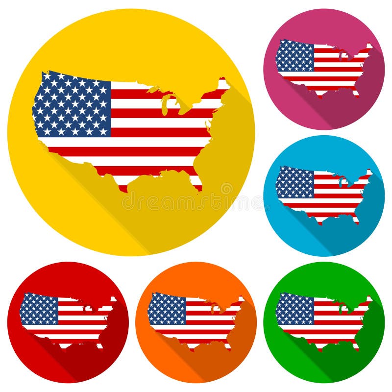 USA Flag, Shape of American Map Icons Set with Long Shadow Stock Vector ...