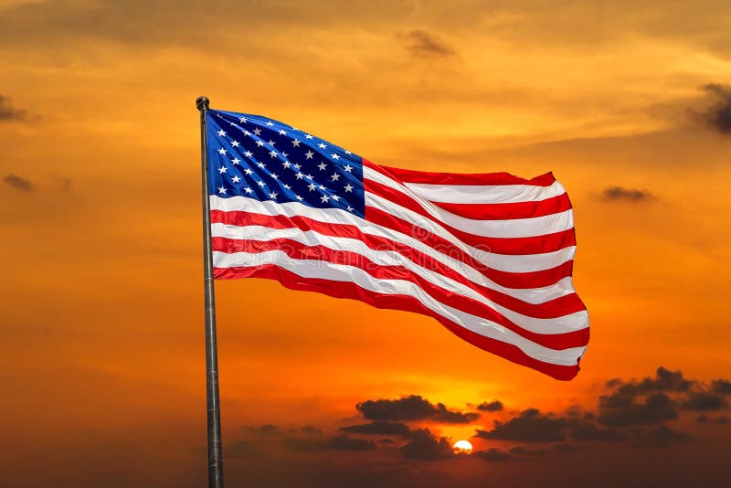 USA Flag Waving Against Sunset Sky Stock Photo - Image of flagpole ...