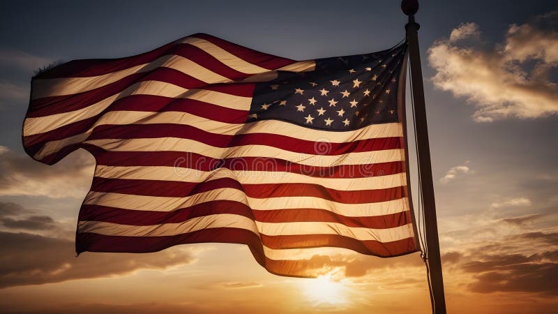 A USA Flag Waving Proudly in the Wind with a Sunset Background Ai ...