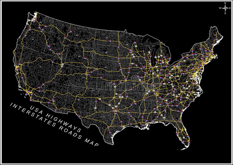 USA Highways Interstates Roads Map Black Background Map HD Vector Stock ...