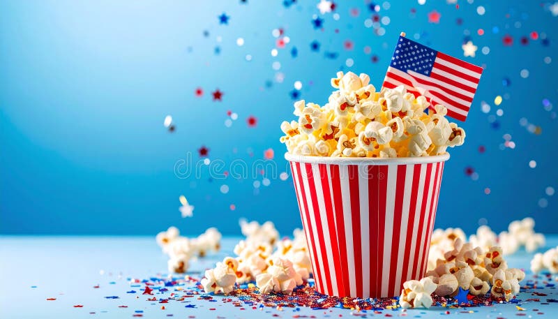 Usa Independence Day Popcorn with Flag on Blue Background with Confetti ...