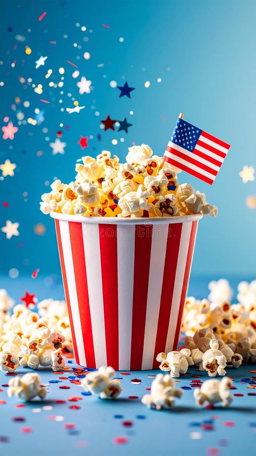 Usa Independence Day Popcorn with Flag on Blue Background with Confetti ...