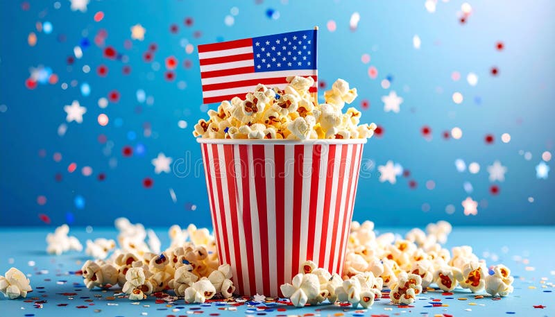 Usa Independence Day Popcorn with Flag on Blue Background with Confetti ...