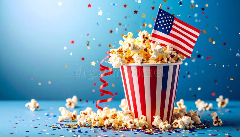 Usa Independence Day Popcorn with Flag on Blue Background with Confetti ...