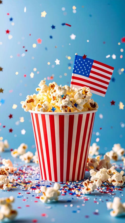 Usa Independence Day Popcorn with Flag on Blue Background with Confetti ...
