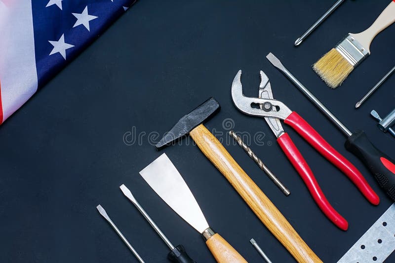 USA Labor Day. Different Tools and American Flag on a Black Background ...