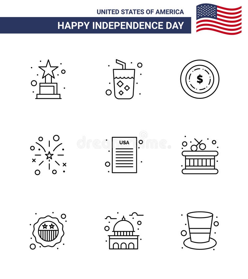9 USA Line Pack of Independence Day Signs and Symbols of Drum ...