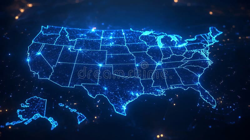 USA Map: Futuristic Digital Network Glowing Blue Data Light Lines Stock ...