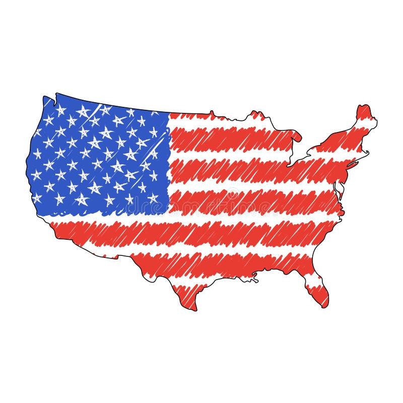 Usa Map Hand Drawn Sketch. Vector Concept Illustration Flag, Childrens ...