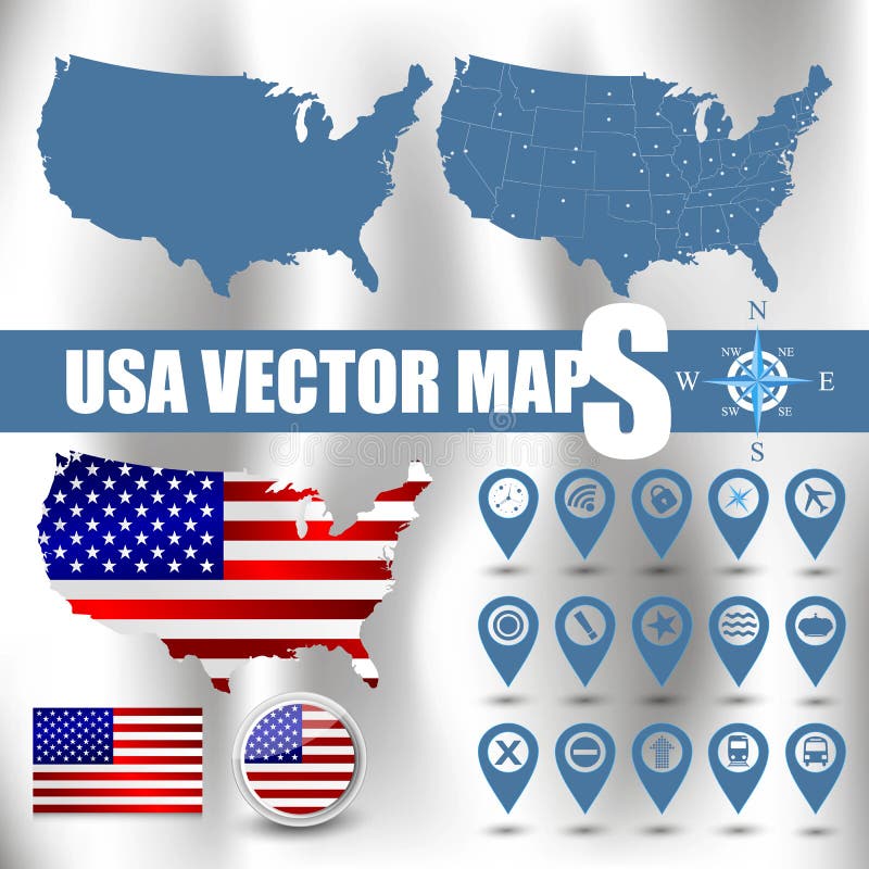 USA Map Set with Gps and Flag Icons Stock Illustration - Illustration ...