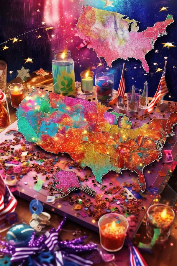 Usa Map with Sparkles and Party Decorations Stock Illustration ...