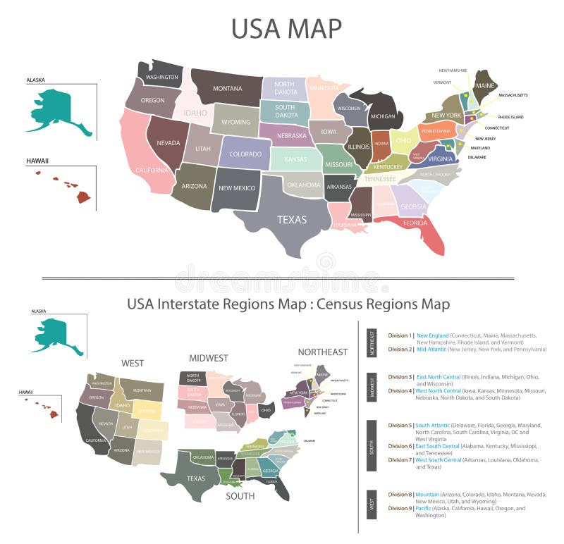 USA MAP Vector Graphic with Census Regions Interstates Map Pastel ...