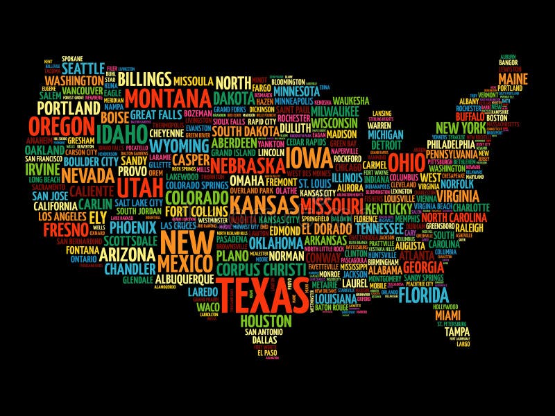 USA Map word cloud stock illustration. Illustration of poster - 205215126