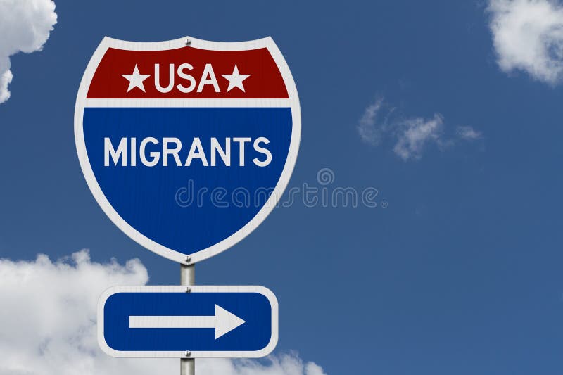 USA Migrants this Way Message on Highway Road Sign Stock Photo - Image ...