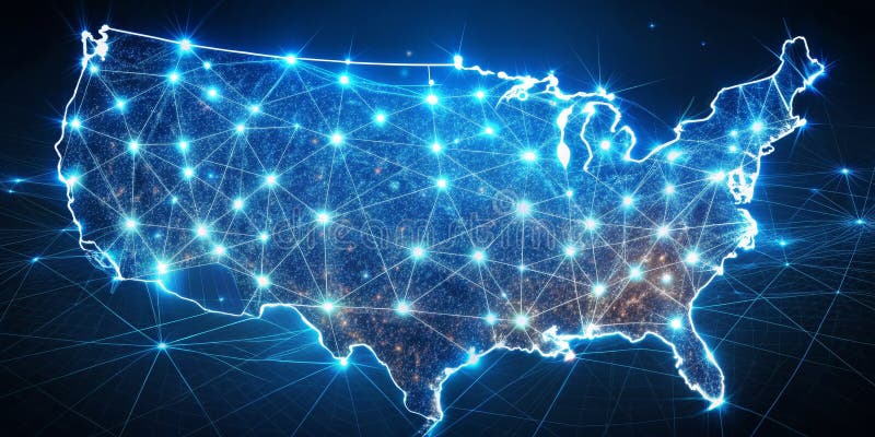 USA Networked Map - Digital Art Illustration - Glowing Lines and Nodes ...