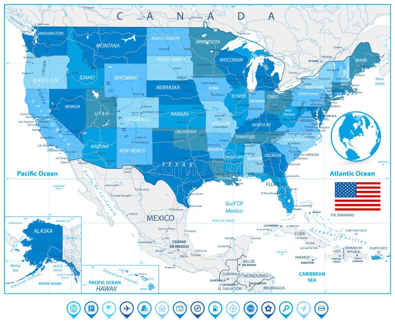 USA Road Map in Colors of Blue and Map Pointers Stock Vector ...