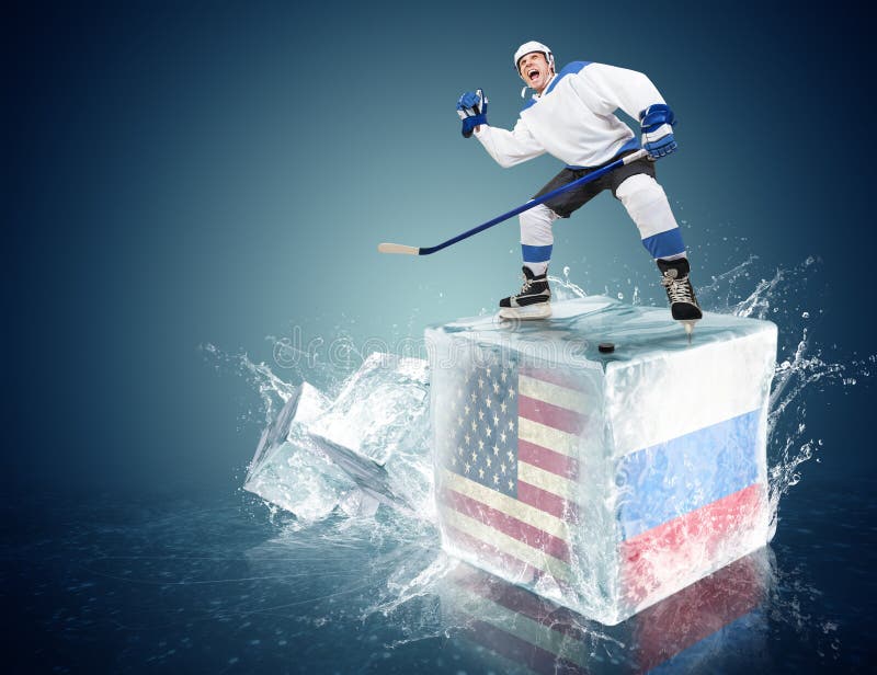 USA - Russia Game Spunky Hockey Player on Ice Cube Stock Photo - Image ...