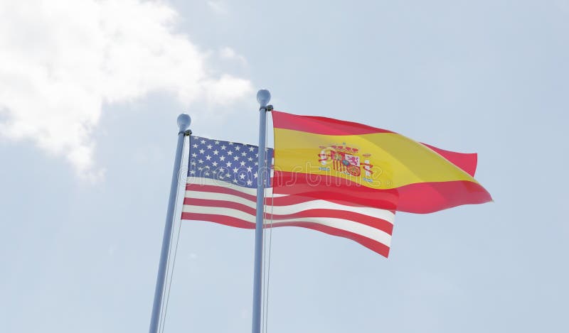 USA and Spain Flags Waving Against Blue Sky. Stock Illustration ...