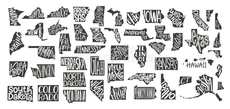 USA State Set of Text Map for Print Design. Stock Vector - Illustration ...