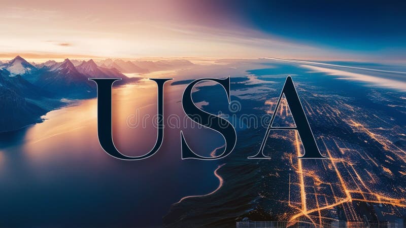 USA Text Over Lake and Mountain Landscape at Sunset. 3d Rendering Stock ...