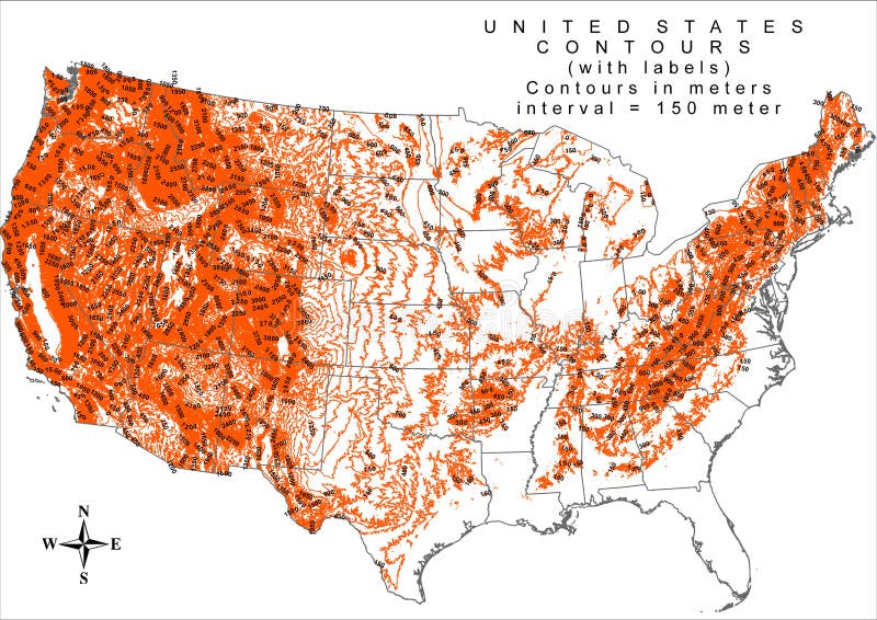 USA Topography Elevation Contour Footprints in Meters Map HD Stock ...