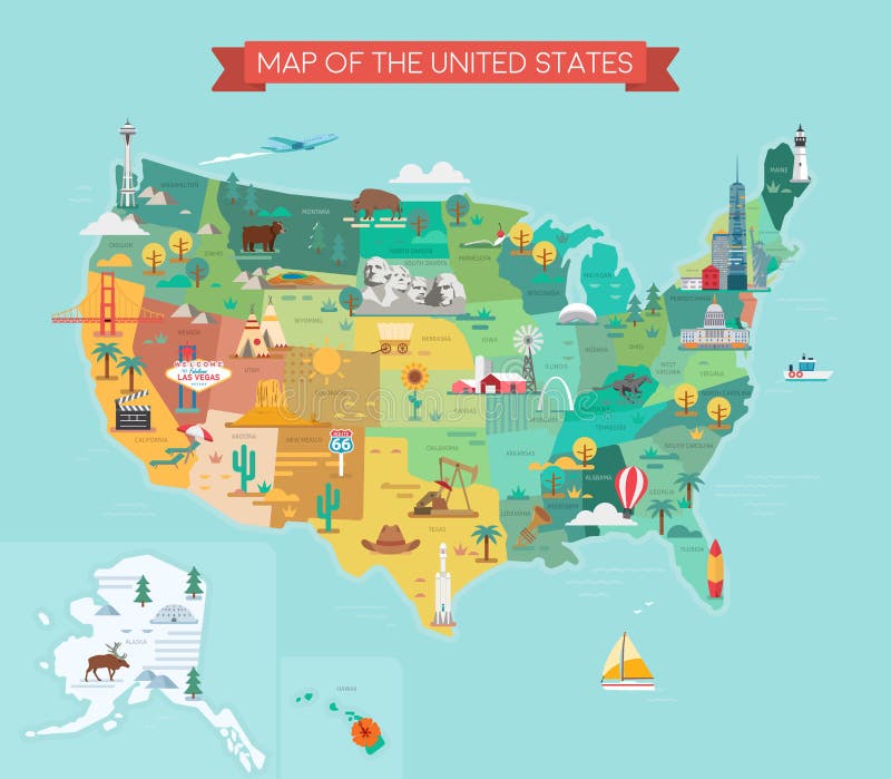 USA Tourist Map with Famous Landmarks and State Names Stock Vector ...