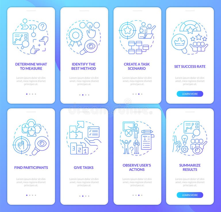 Usability Testing Goals Blue Gradient Onboarding Mobile App Screen Set ...