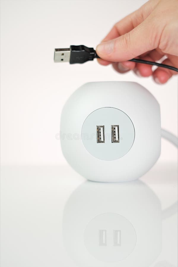 USB Adapter.Socket with USB Connector.Hands and USB Cable. Charging ...