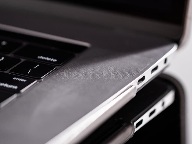 USB-C Port of a Gray Laptop Computer. Type C Fast Charging Ports ...