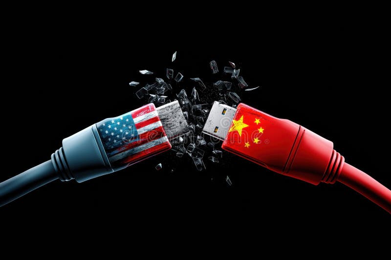 USB Cable Pulled by US and China Flag Gloves Representing Tech Rivalry ...