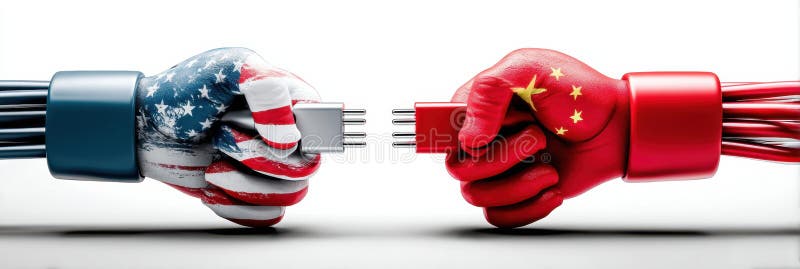 USB Cable Being Pulled in Opposing Directions by US and China Flag ...