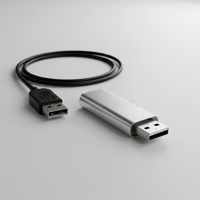 USB Cable with a Black Connector beside a Silver USB Flash Drive on a ...