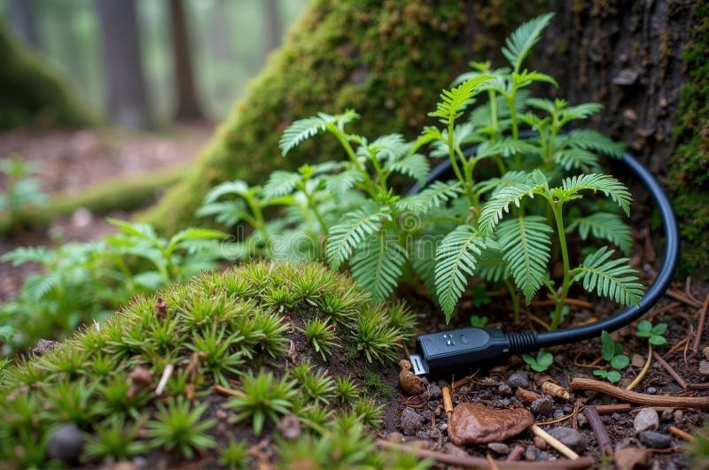 Usb Cable Connected To Nature: Technology Meets Forest Environment with ...
