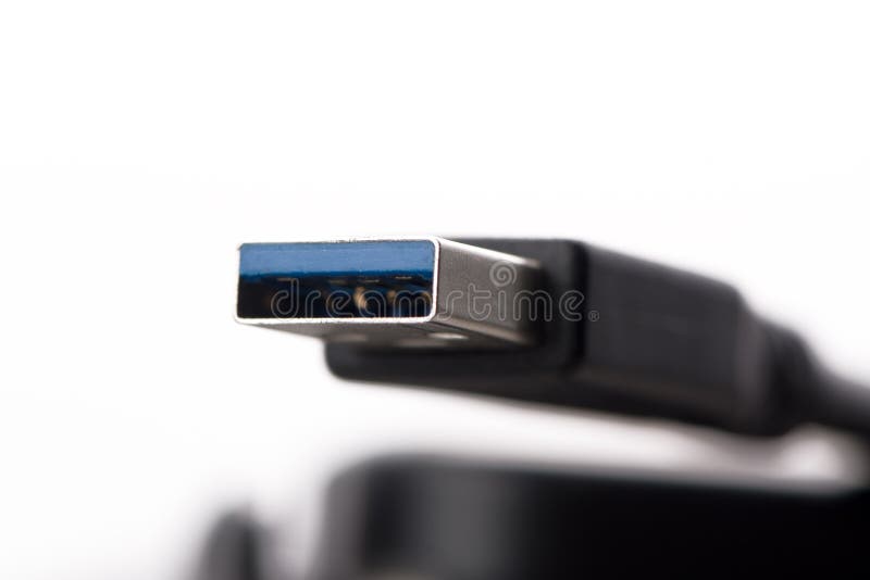 USB Cable Connector with Blurred Cable Close Up on White Background ...