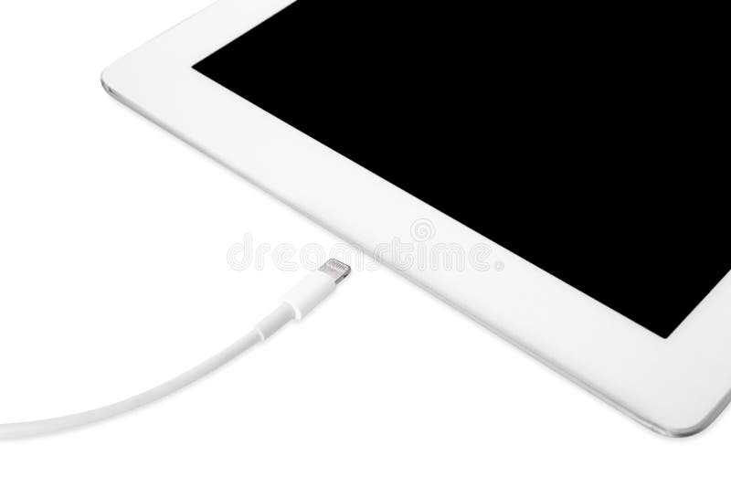 USB Cable with Lightning Connector and Tablet on White Background Stock ...