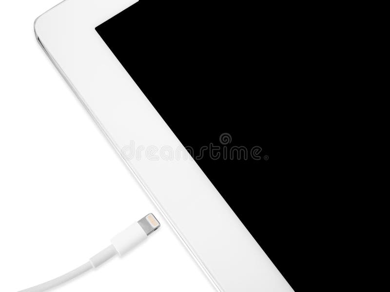 USB Cable with Lightning Connector and Tablet on White Background Stock ...