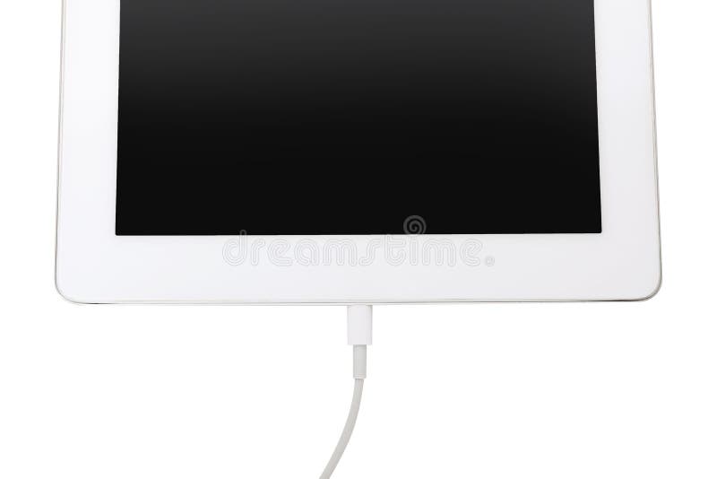 USB Cable with Lightning Connector and Tablet on White Background, Top ...