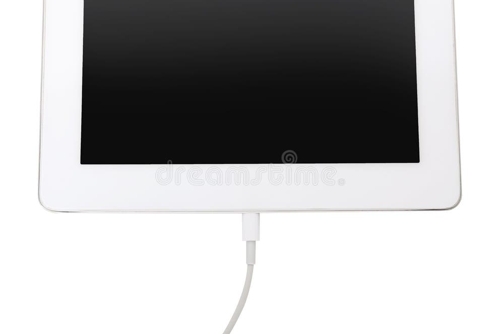 USB Cable with Lightning Connector and Tablet on White Background, Top ...