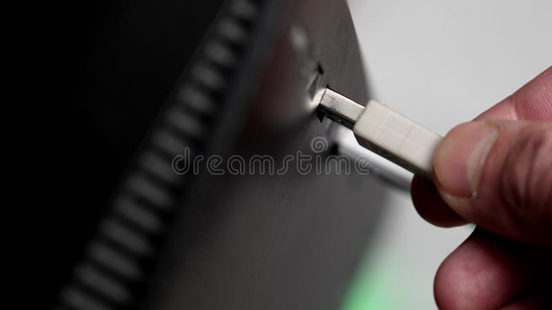 USB Cable Plug Connecting by the User Hand To an Computer Close Up ...