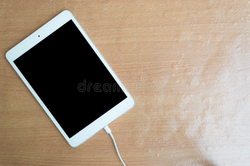 USB Cable with Tablet on Wood Table Stock Image - Image of connect ...