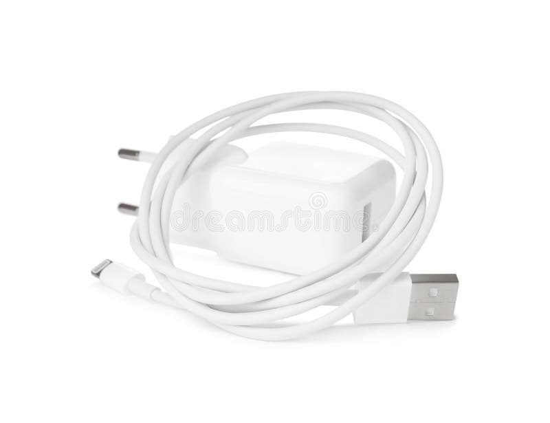 USB Charge Cable and Power Adapter on Background. Modern Technology ...