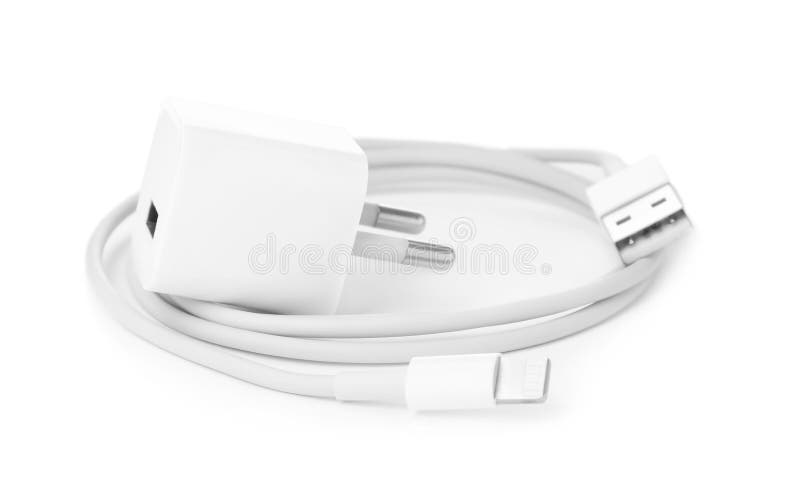 USB Charge Cable and Power Adapter on Background. Modern Technology ...