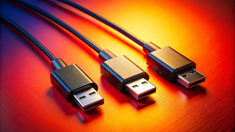USB Connection Trio: Black Cables on Vibrant Gradient Background Stock ...